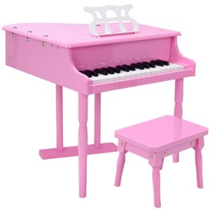 goplus 30-key classical kids piano, mini grand piano wooden learn-to-play musical instrument toy with bench, piano lid, music rack, gift for boys girls aged 2+ baby toddler (3 straight leg-pink)