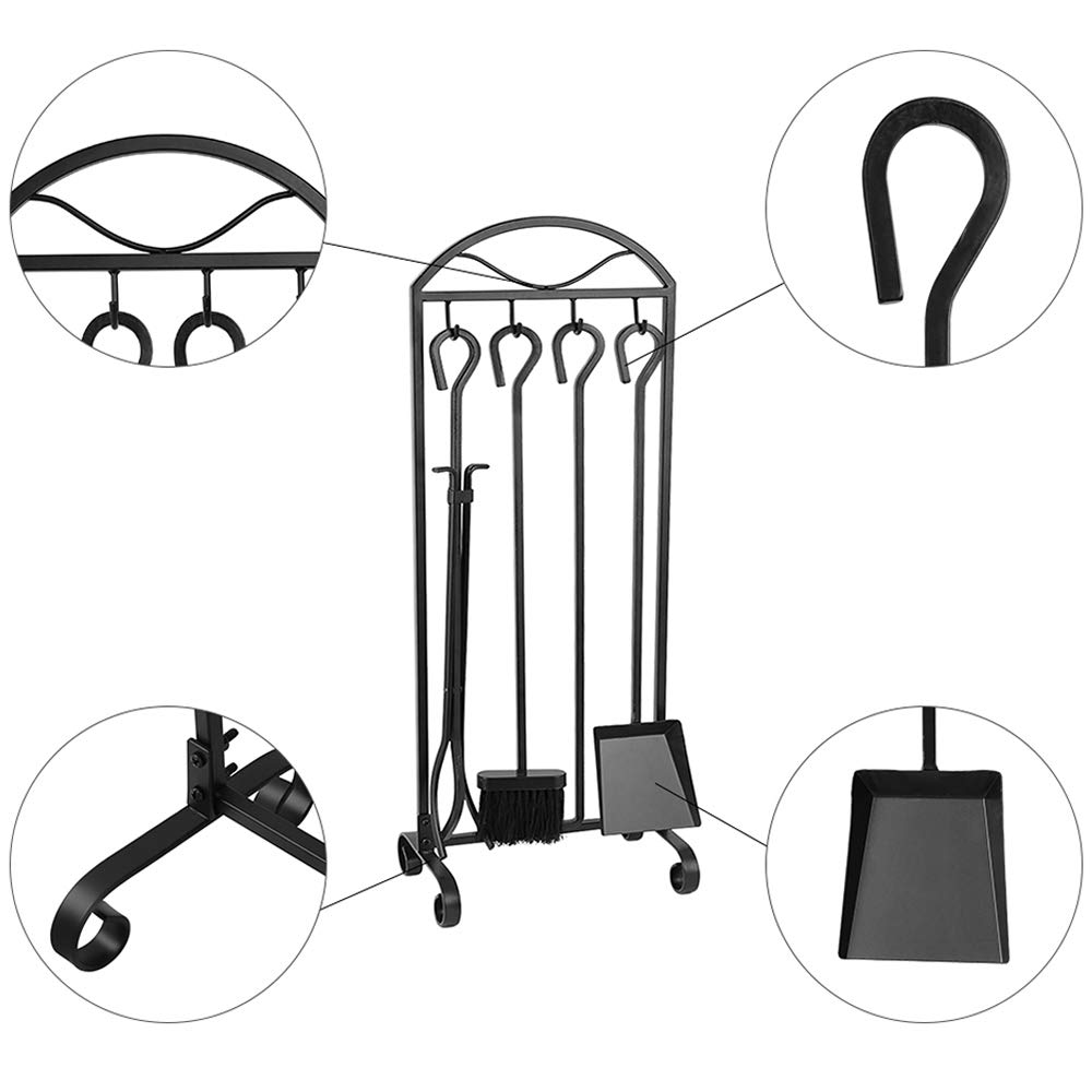 AMAGABELI GARDEN & HOME 5 Pieces Fireplace Tools Set Wrought Iron Holder Black Fireset Pit Stand Fire Place Log Tongs Tools Kit Sets with Handles Wood Stove Accessories