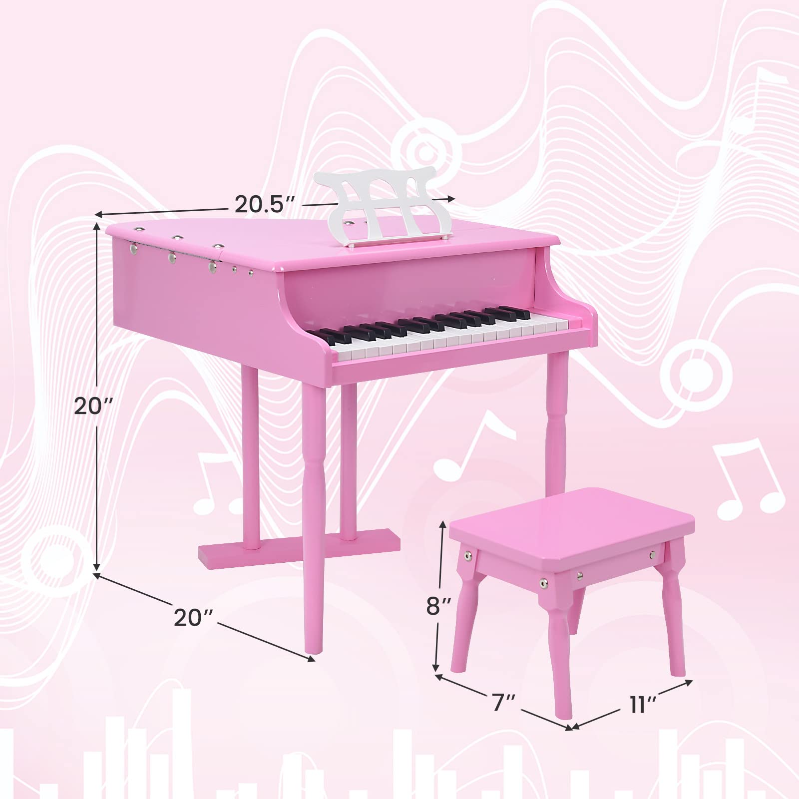 Goplus 30-Key Classical Kids Piano, Mini Grand Piano Wooden Learn-to-Play Musical Instrument Toy with Bench, Piano Lid, Music Rack, Gift for Boys Girls Aged 2+ Baby Toddler (3 Straight Leg-Pink)