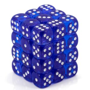 chessex dice d6 sets: blue with white translucent - 12mm six sided die (36) block of dice