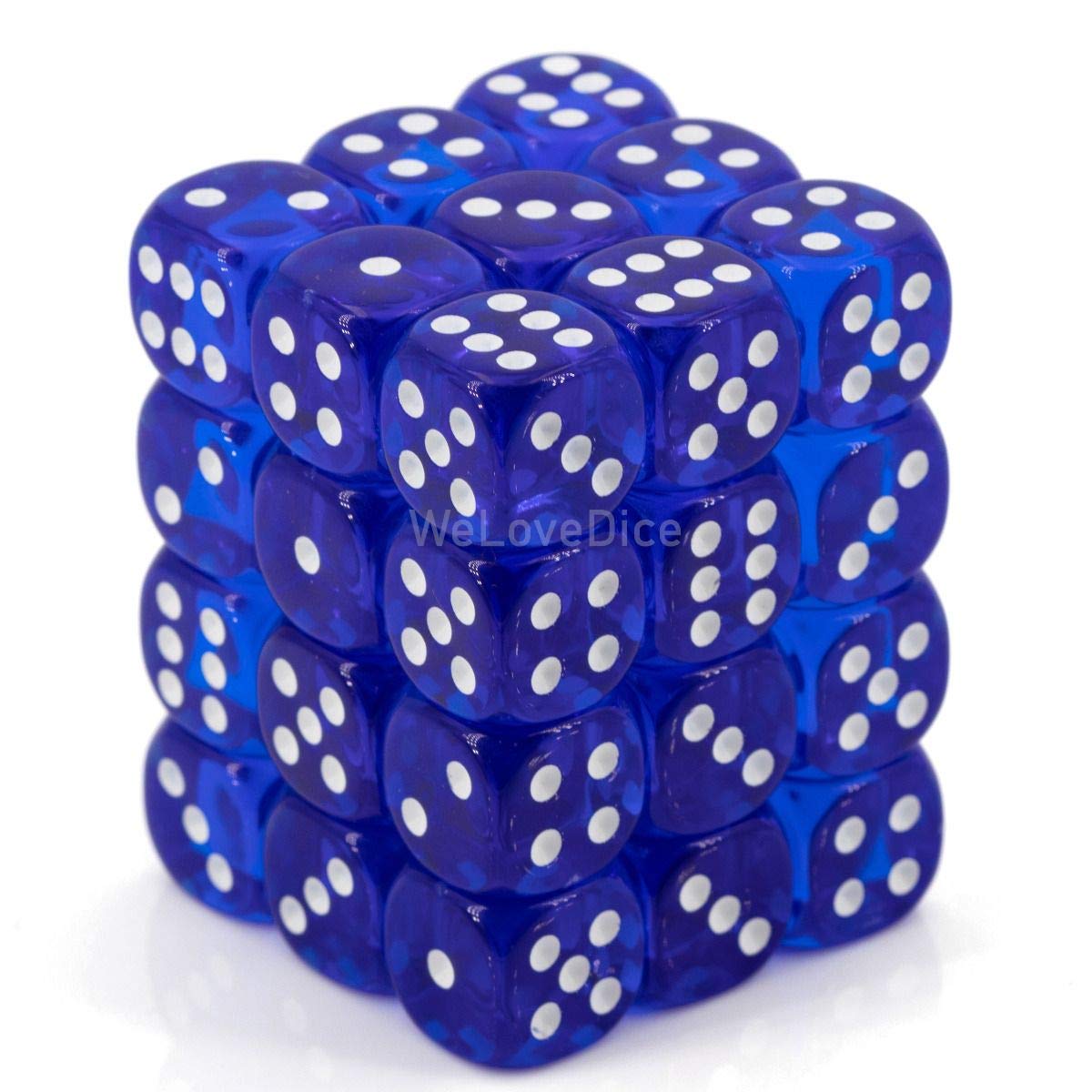 Chessex Dice d6 Sets: Blue with White Translucent - 12mm Six Sided Die (36) Block of Dice