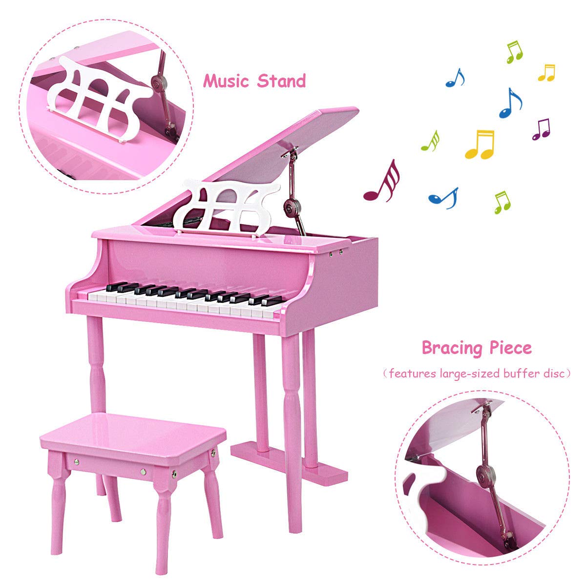 Goplus 30-Key Classical Kids Piano, Mini Grand Piano Wooden Learn-to-Play Musical Instrument Toy with Bench, Piano Lid, Music Rack, Gift for Boys Girls Aged 2+ Baby Toddler (3 Straight Leg-Pink)