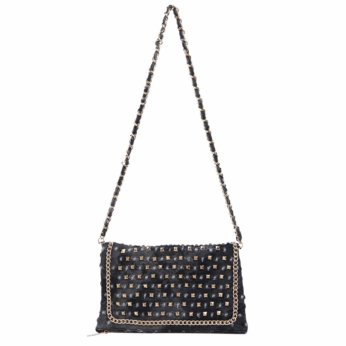 Premium Jeans Denim Studded Foldover Flap Shoulder Clutch Bag, Black