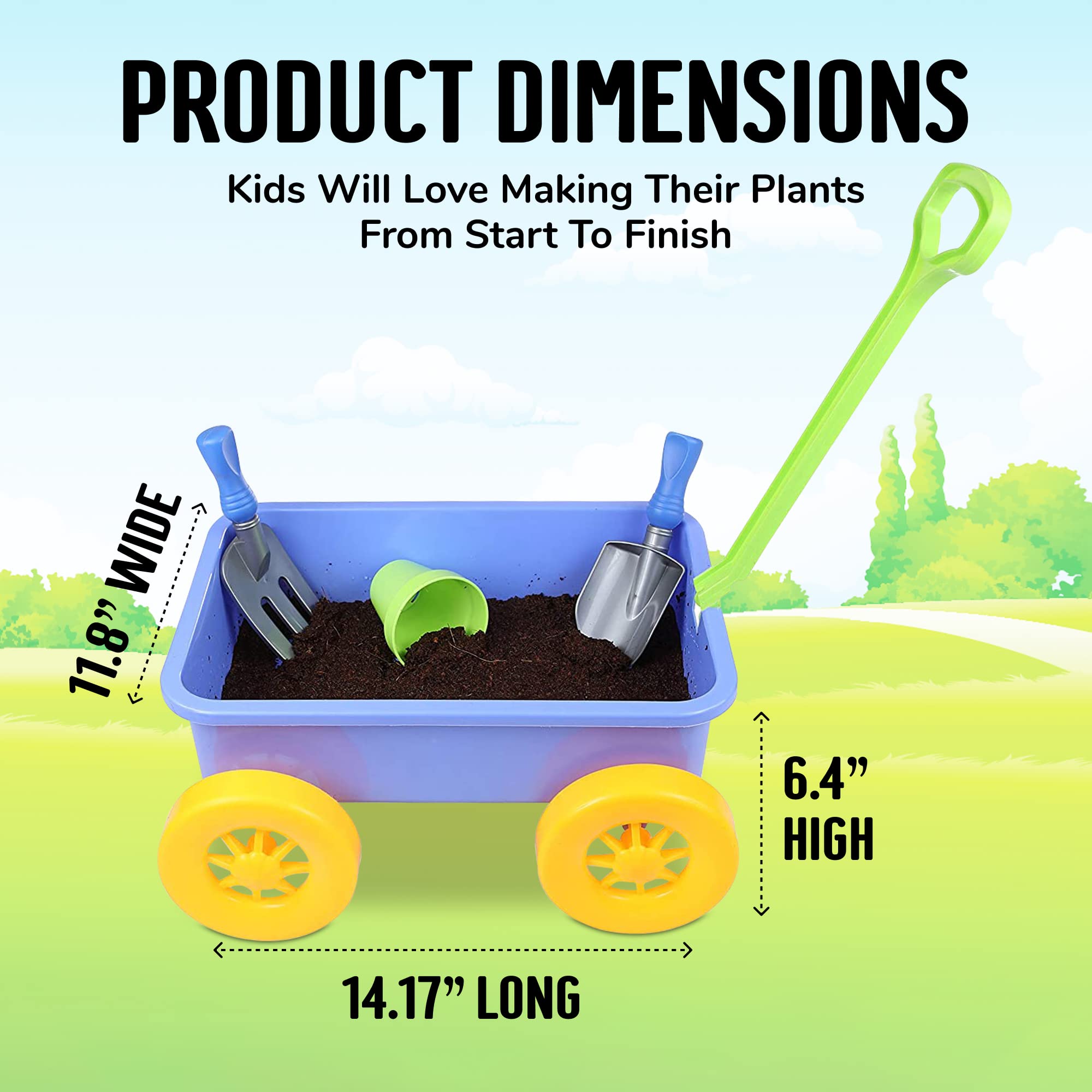 IQ Toys Budding Gardener Wagon and Tool Set for Kids 16 Pieces with Soil, Gardening Seeds, Water Pail, Planting Pots, Rake and More Accessories