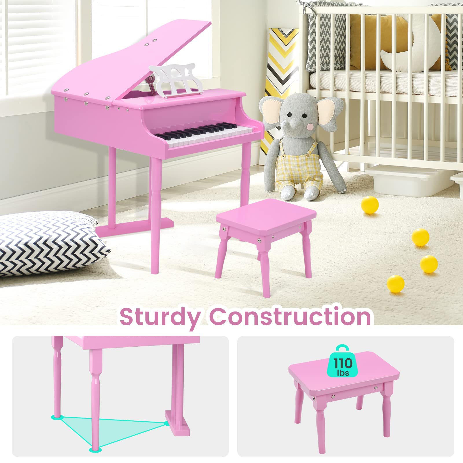 Goplus 30-Key Classical Kids Piano, Mini Grand Piano Wooden Learn-to-Play Musical Instrument Toy with Bench, Piano Lid, Music Rack, Gift for Boys Girls Aged 2+ Baby Toddler (3 Straight Leg-Pink)