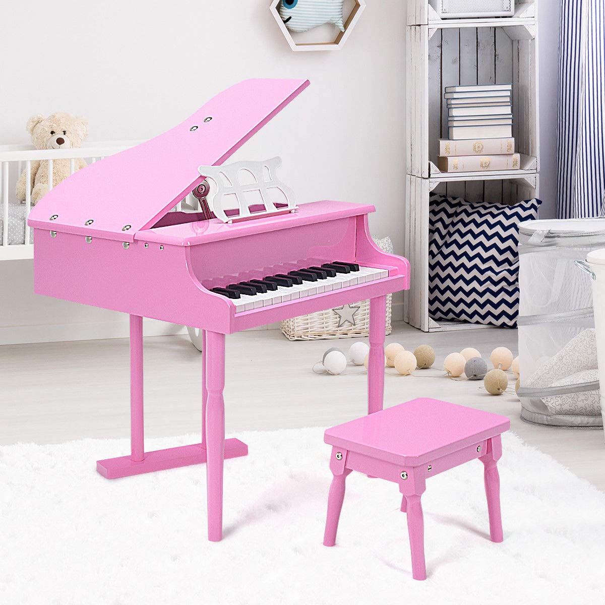 Goplus 30-Key Classical Kids Piano, Mini Grand Piano Wooden Learn-to-Play Musical Instrument Toy with Bench, Piano Lid, Music Rack, Gift for Boys Girls Aged 2+ Baby Toddler (3 Straight Leg-Pink)