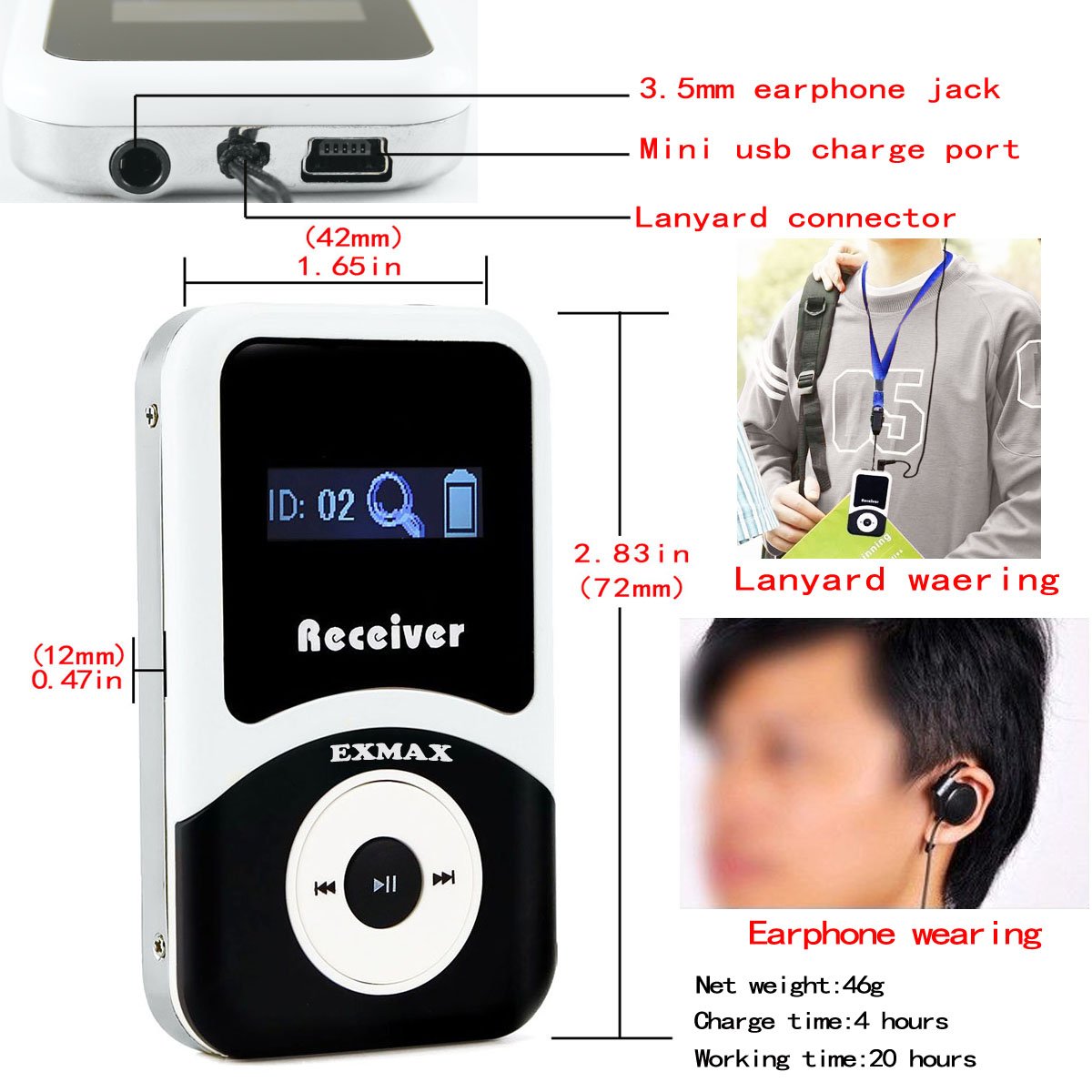 EXMAX EX-100 Wireless Tour Guide System Live Translator Microphone Church Translation Devices Simultaneous Interpreting Equipment Silent Conference Social Distancing (1 Transmitter 8 Receivers)