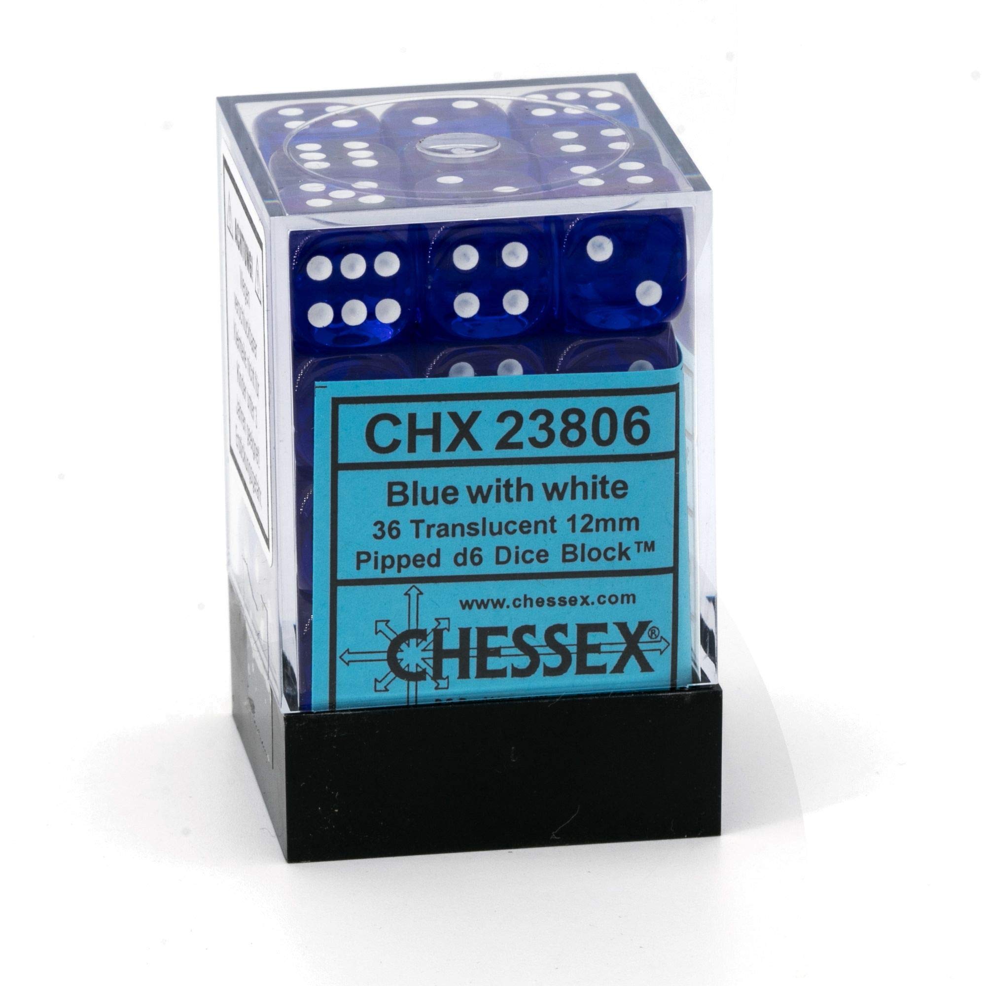 Chessex Dice d6 Sets: Blue with White Translucent - 12mm Six Sided Die (36) Block of Dice