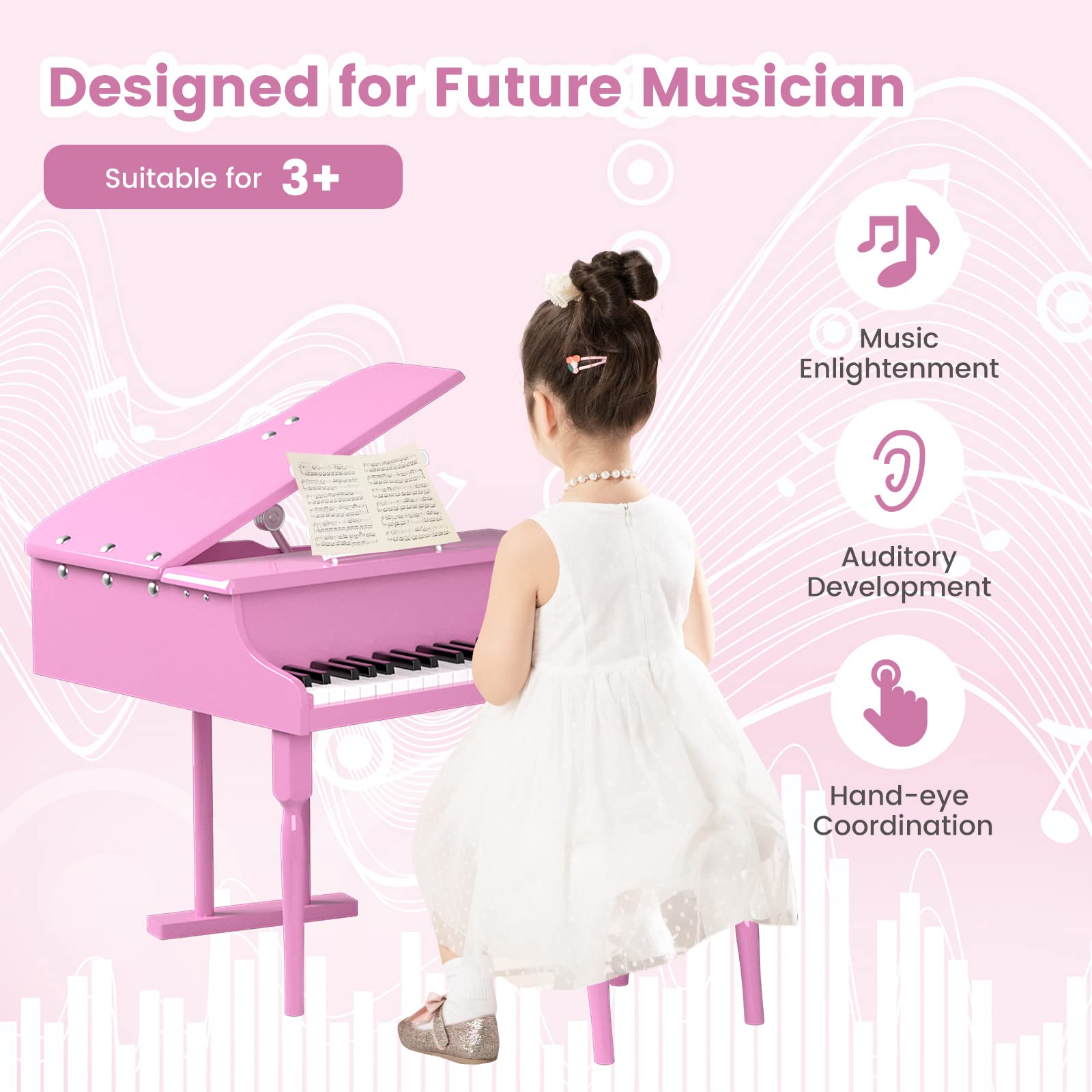 Goplus 30-Key Classical Kids Piano, Mini Grand Piano Wooden Learn-to-Play Musical Instrument Toy with Bench, Piano Lid, Music Rack, Gift for Boys Girls Aged 2+ Baby Toddler (3 Straight Leg-Pink)