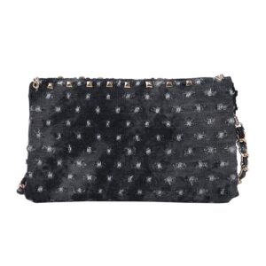 Premium Jeans Denim Studded Foldover Flap Shoulder Clutch Bag, Black