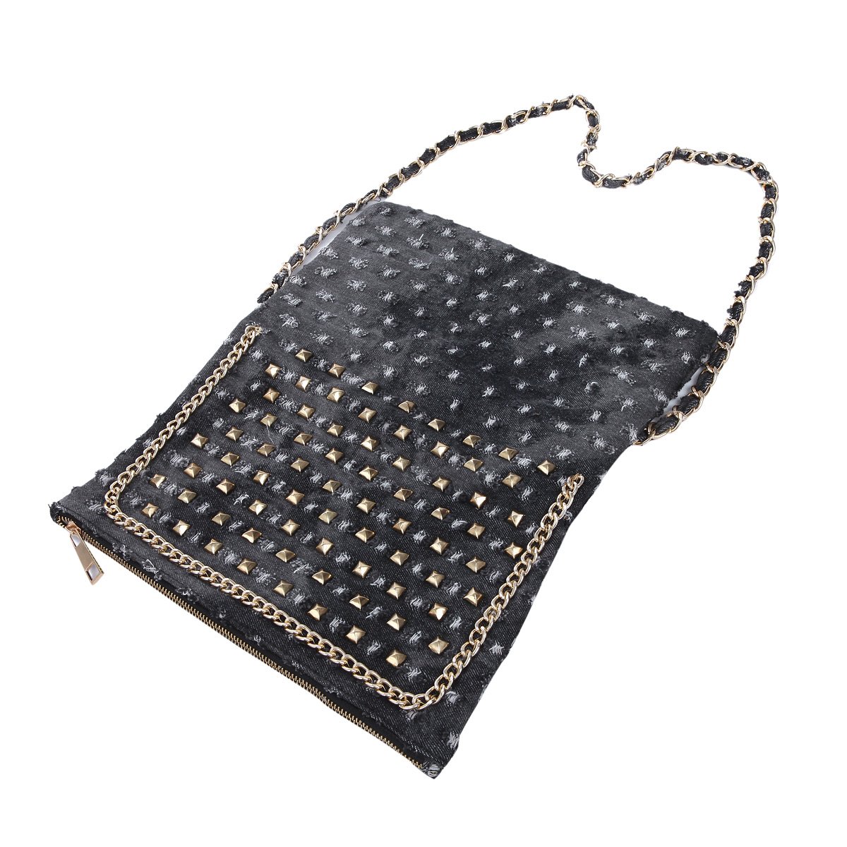 Premium Jeans Denim Studded Foldover Flap Shoulder Clutch Bag, Black