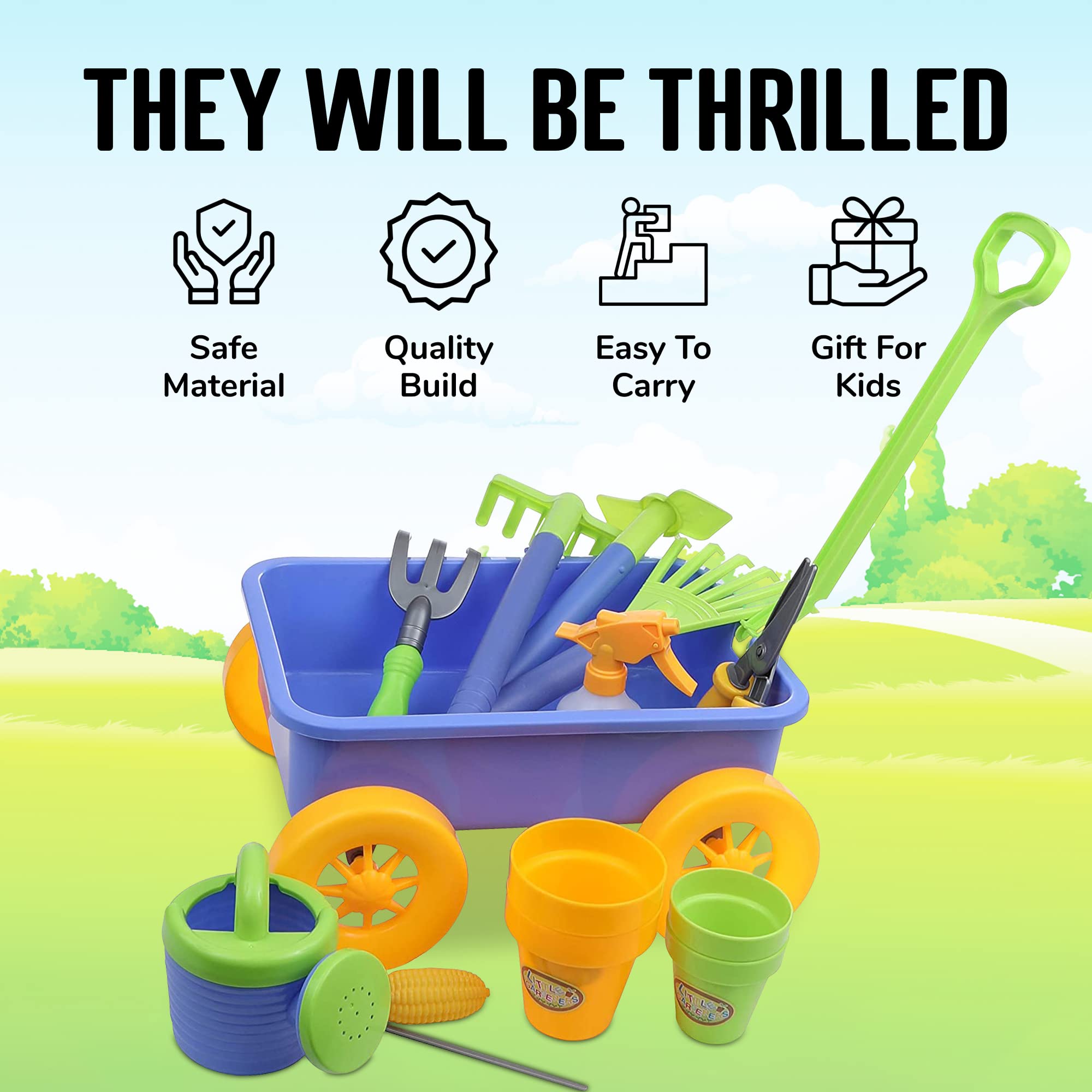 IQ Toys Budding Gardener Wagon and Tool Set for Kids 16 Pieces with Soil, Gardening Seeds, Water Pail, Planting Pots, Rake and More Accessories