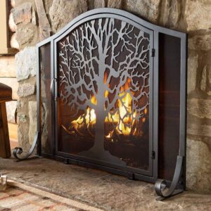 Plow & Hearth Metal Fireplace Screen Tree of Life Black | 38" W x 31" H | Flatguard | Spark Guard Grate | Iron Fire Place Cover | Wood Stove Accessories