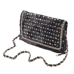 premium jeans denim studded foldover flap shoulder clutch bag, black