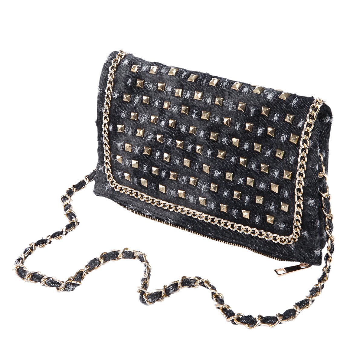 Premium Jeans Denim Studded Foldover Flap Shoulder Clutch Bag, Black