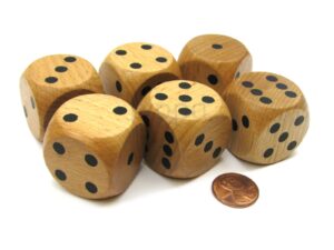 koplow games set of 6 d6 large jumbo 30mm rounded wood dice - wooden with black pips