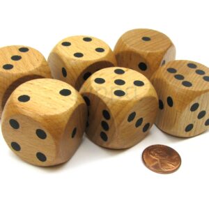 Koplow Games Set of 6 D6 Large Jumbo 30mm Rounded Wood Dice - Wooden with Black Pips