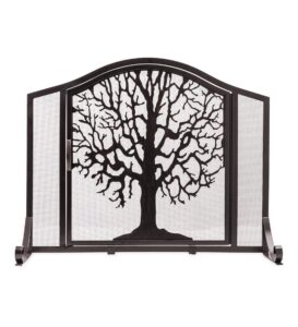 plow & hearth metal fireplace screen tree of life black | 38" w x 31" h | flatguard | spark guard grate | iron fire place cover | wood stove accessories