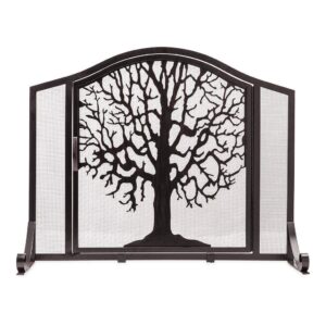 Plow & Hearth Metal Fireplace Screen Tree of Life Black | 38" W x 31" H | Flatguard | Spark Guard Grate | Iron Fire Place Cover | Wood Stove Accessories