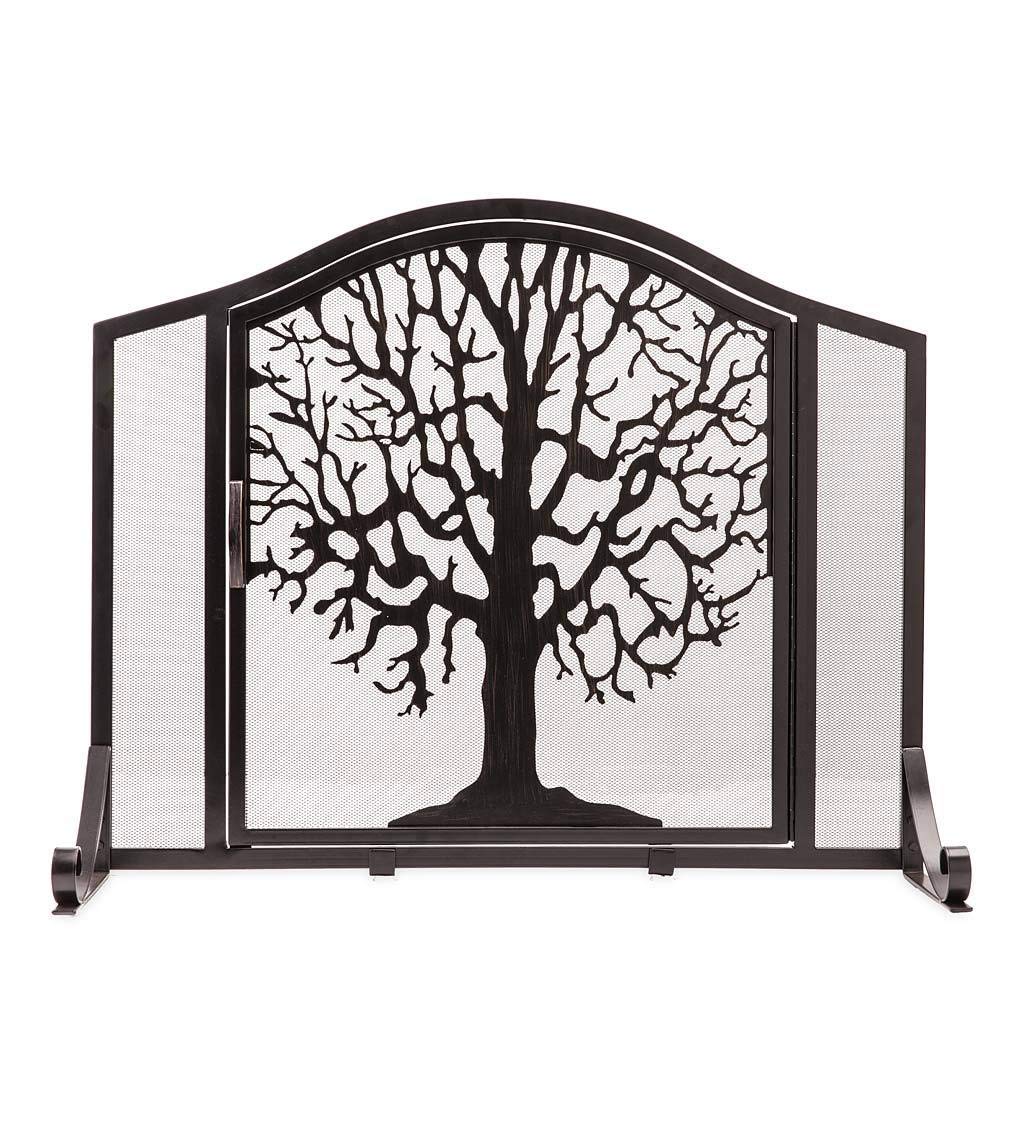 Plow & Hearth Metal Fireplace Screen Tree of Life Black | 38" W x 31" H | Flatguard | Spark Guard Grate | Iron Fire Place Cover | Wood Stove Accessories