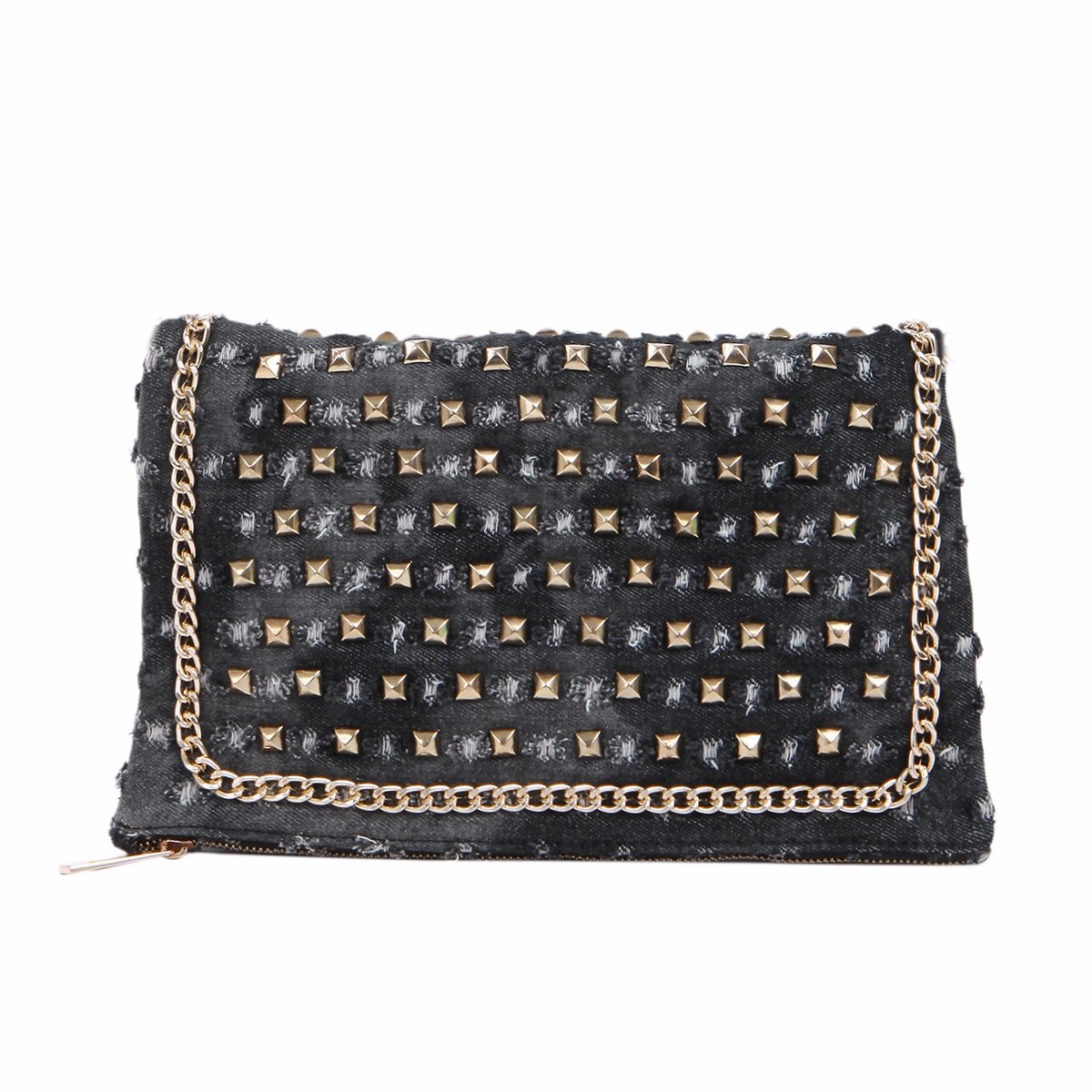 Premium Jeans Denim Studded Foldover Flap Shoulder Clutch Bag, Black