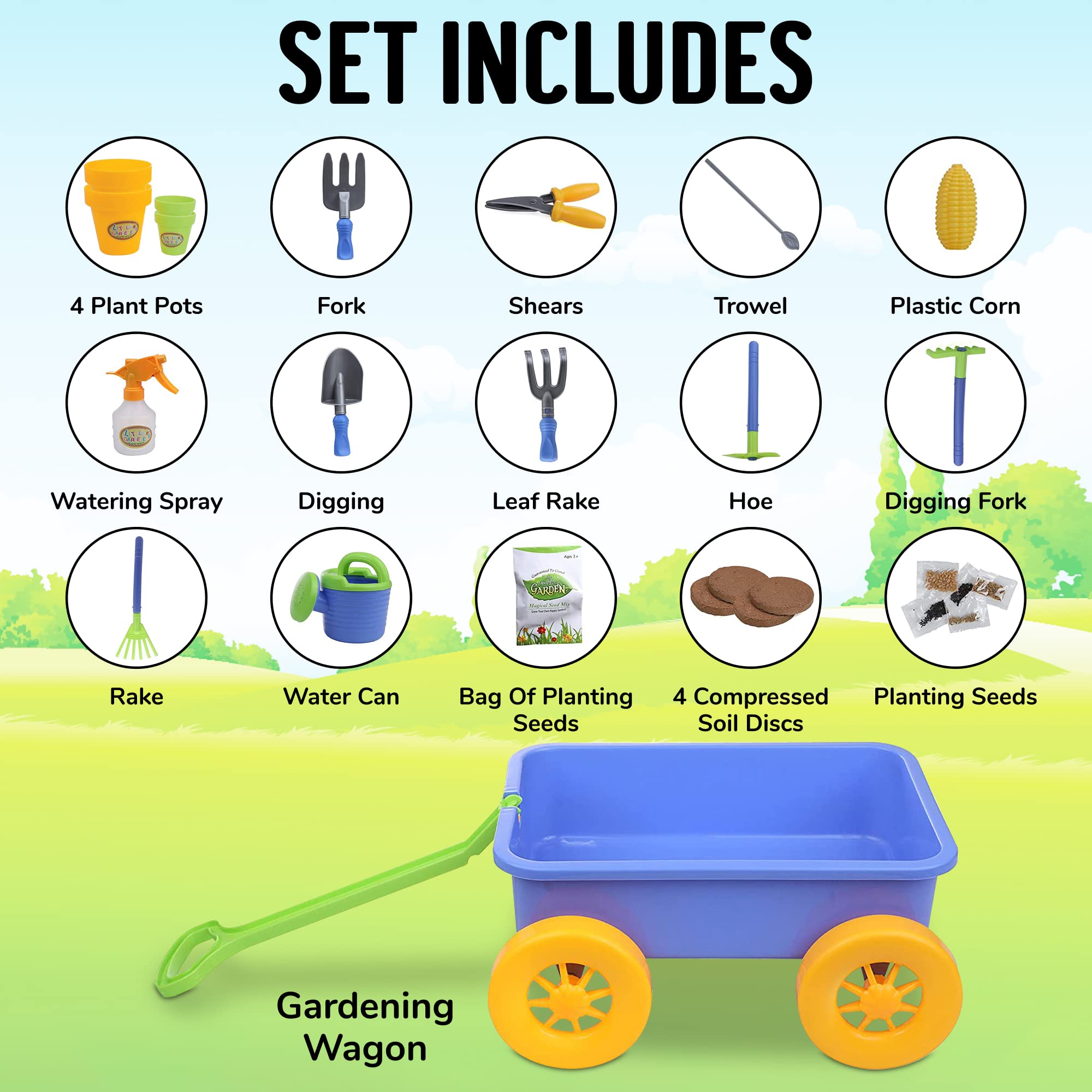 IQ Toys Budding Gardener Wagon and Tool Set for Kids 16 Pieces with Soil, Gardening Seeds, Water Pail, Planting Pots, Rake and More Accessories