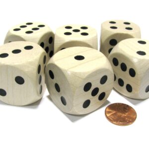 Koplow Games Set of 6 D6 Large Jumbo 30mm Rounded Wood Dice - Wooden with Black Pips