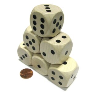 Koplow Games Set of 6 D6 Large Jumbo 30mm Rounded Wood Dice - Wooden with Black Pips