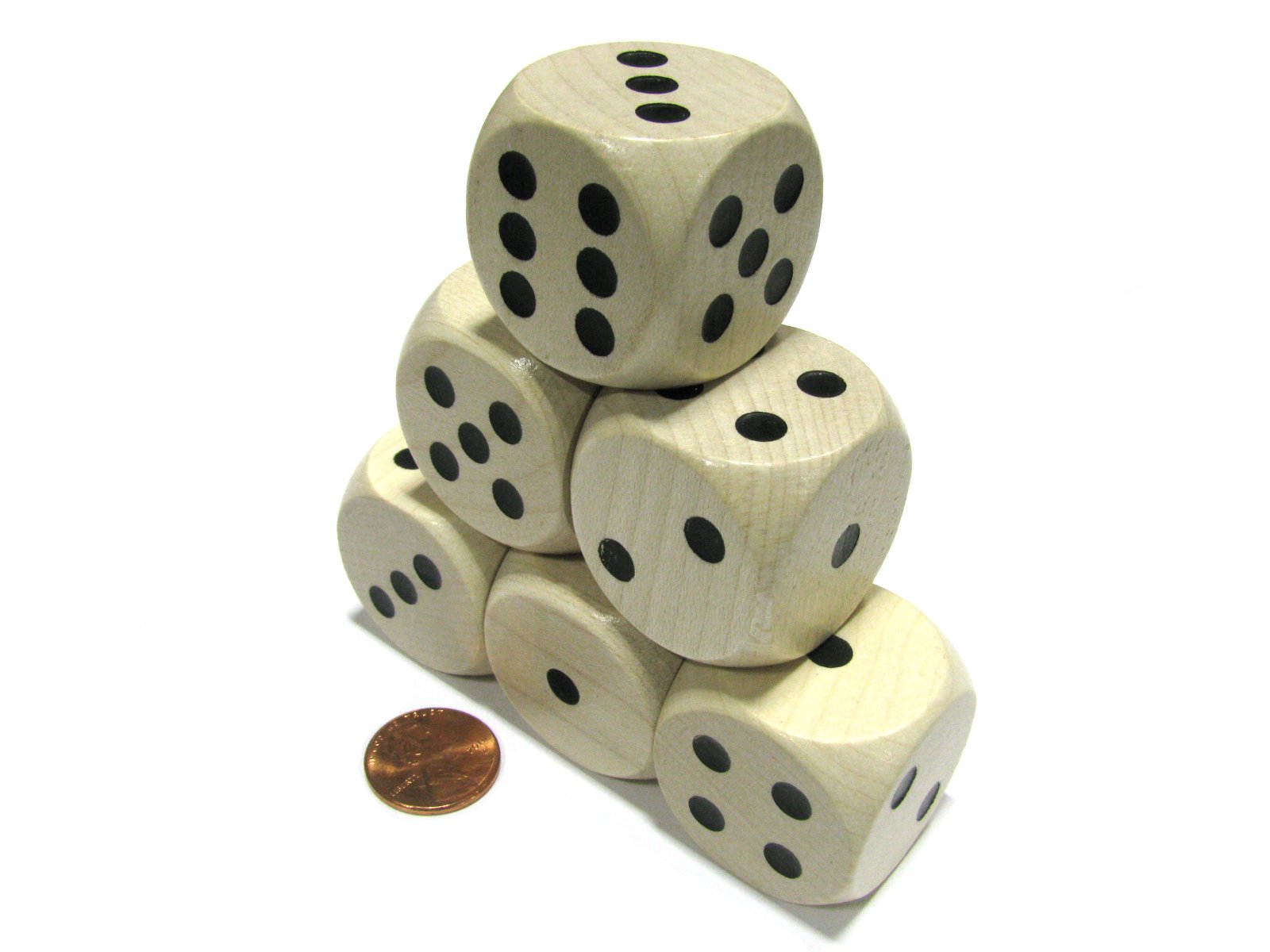 Koplow Games Set of 6 D6 Large Jumbo 30mm Rounded Wood Dice - Wooden with Black Pips