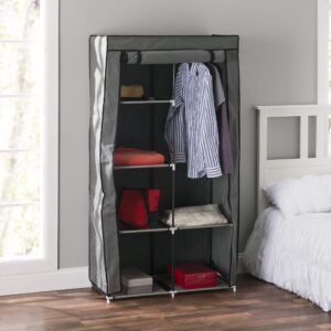 Sunbeam 6 Tier Quick Set Up Portable Free-Standing Multi- Purpose Wardrobe Closet Organizer with Breathable Non-Woven Fabric Shelves and 43" Wide Steel Hanging Rod, Grey