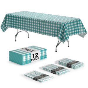 exquisite picnic table cover - 12 pack premium rectangle plastic tablecloth - teal & white checkered bbq plastic table cover - gingham checkerboard disposable plastic tablecloth 54" x 108" rectangle