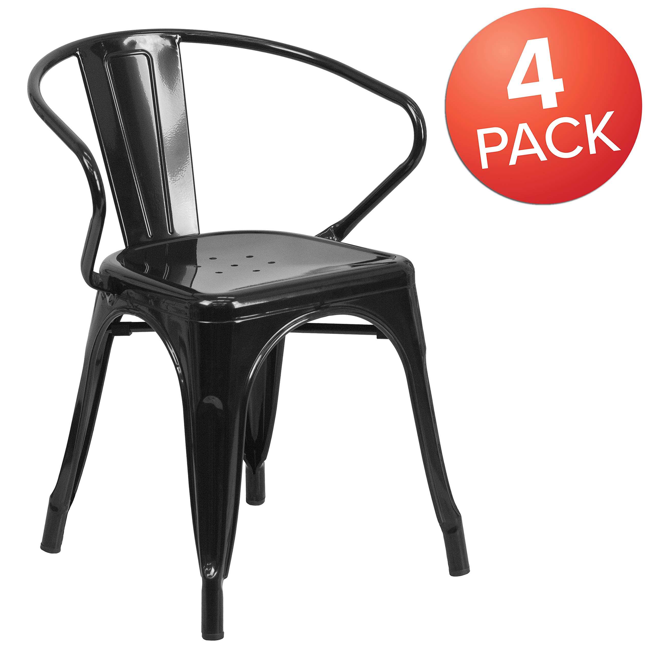 Flash Furniture Roy Commercial Grade 4 Pack Black Metal Indoor-Outdoor Chair with Arms