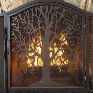 Plow & Hearth Metal Fireplace Screen Tree of Life Black | 38" W x 31" H | Flatguard | Spark Guard Grate | Iron Fire Place Cover | Wood Stove Accessories