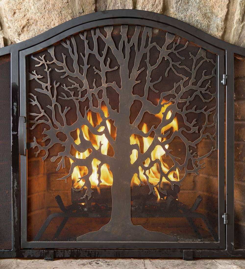 Plow & Hearth Metal Fireplace Screen Tree of Life Black | 38" W x 31" H | Flatguard | Spark Guard Grate | Iron Fire Place Cover | Wood Stove Accessories