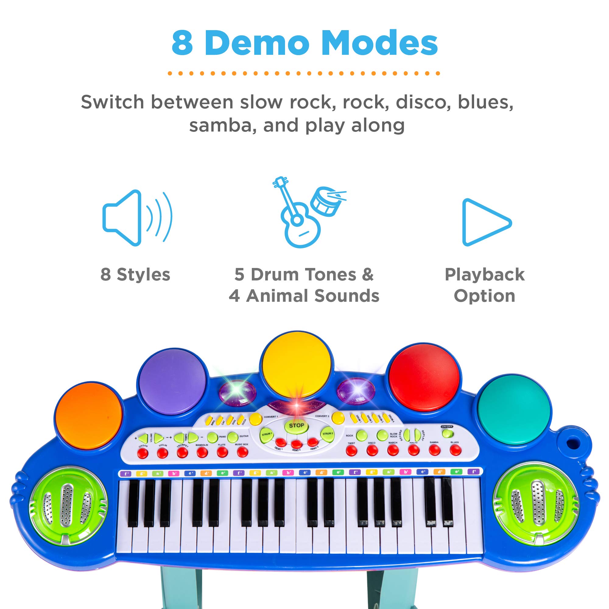 Best Choice Products 37-Key Kids Electronic Musical Instrument Piano Learning Toy Keyboard w/Multiple Sounds, Lights, Microphone, Stool - Blue