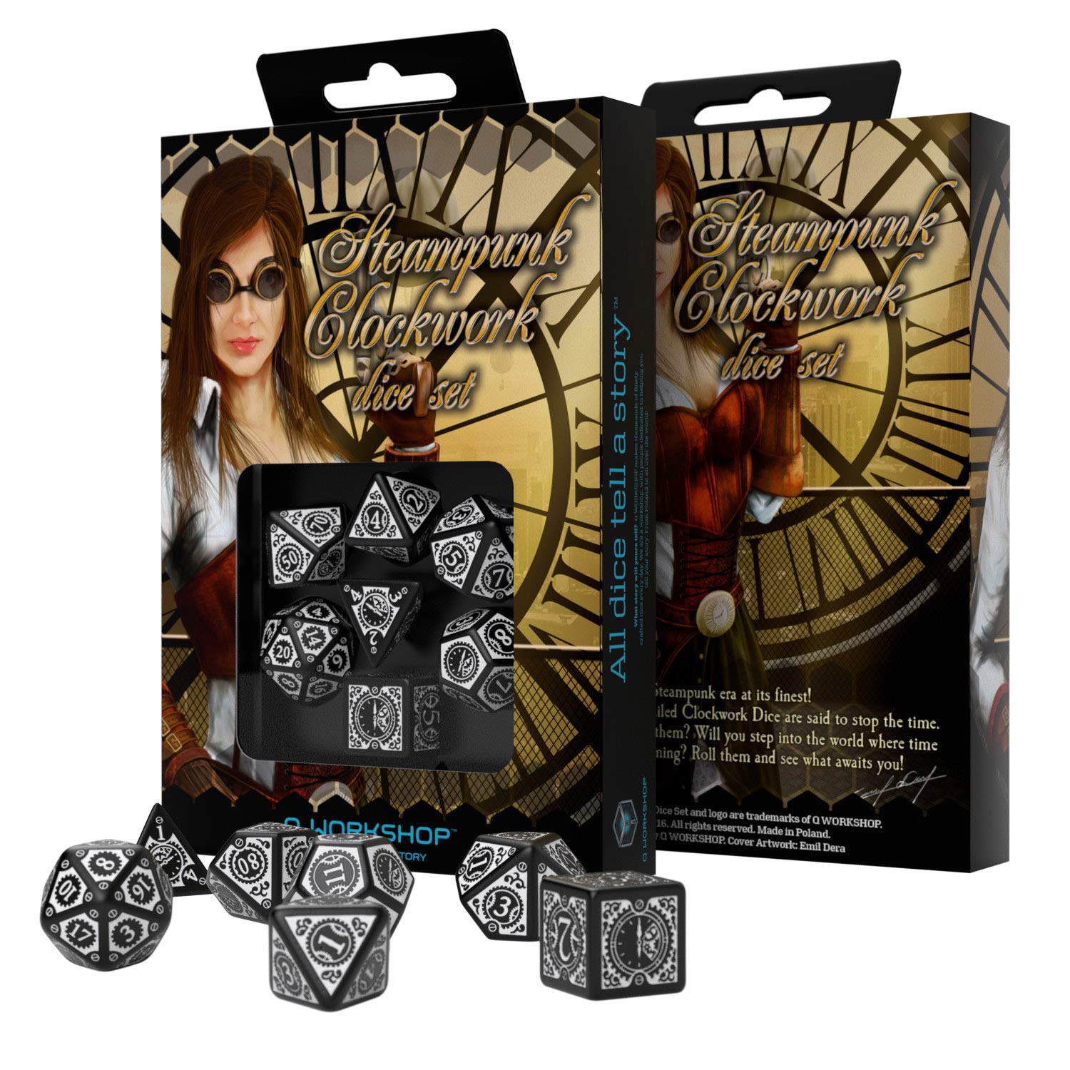 Q-Workshop Steampunk Clockwork Black & White Dice Set (7) Board Games