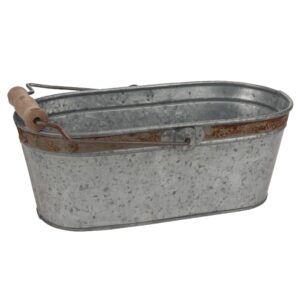 stonebriar small aged galvanized metal oval bucket with rust trim and wooden handle, country rustic home decor, for centerpiece, office organization, bathroom storage, or party decorations