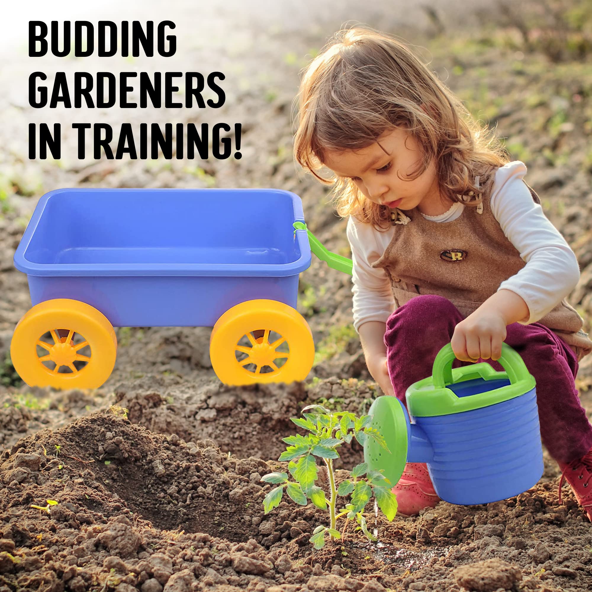 IQ Toys Budding Gardener Wagon and Tool Set for Kids 16 Pieces with Soil, Gardening Seeds, Water Pail, Planting Pots, Rake and More Accessories