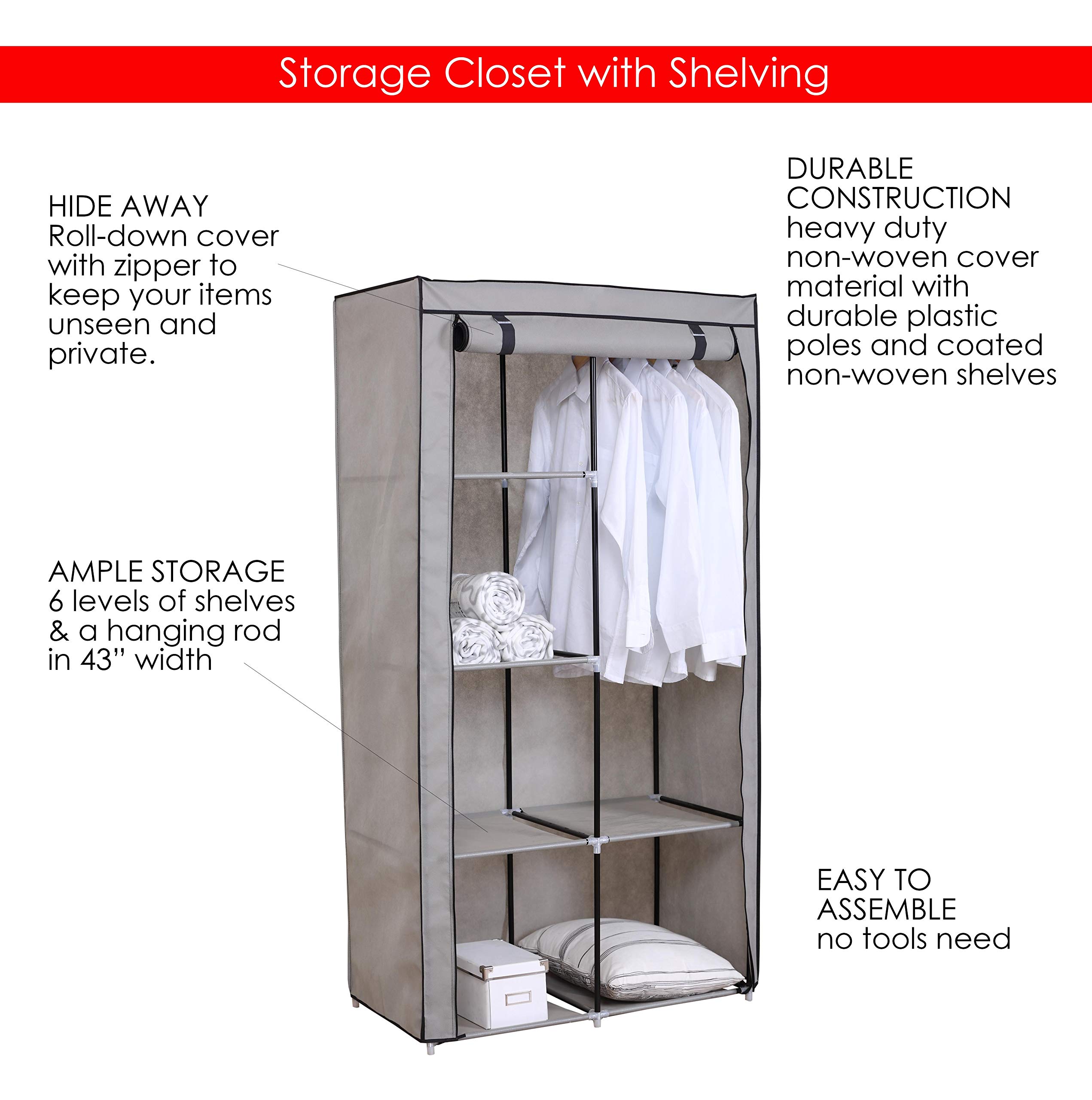 Sunbeam 6 Tier Quick Set Up Portable Free-Standing Multi- Purpose Wardrobe Closet Organizer with Breathable Non-Woven Fabric Shelves and 43" Wide Steel Hanging Rod, Grey