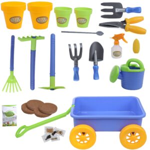 iq toys budding gardener wagon and tool set for kids 16 pieces with soil, gardening seeds, water pail, planting pots, rake and more accessories