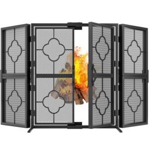 amagabeli 48 x 28 inch fireplace screen with doors 3 panel foldable wrought iron furnace fireguards fireplace cover free standing large screen for fireplace wood burning metal mesh fire spark (black)