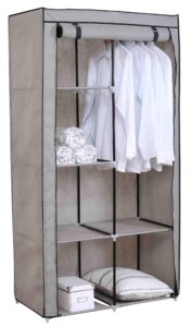 sunbeam 6 tier quick set up portable free-standing multi- purpose wardrobe closet organizer with breathable non-woven fabric shelves and 43" wide steel hanging rod, grey