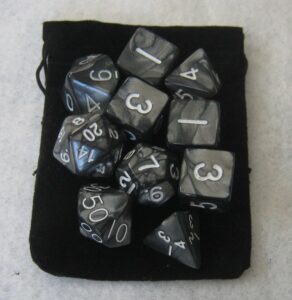 smoke black rpg d&d dice set: 7 + 3d6 = 10 polyhedral die plus bag! by dave's dice