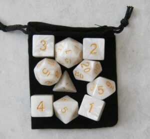 elven white rpg d&d dice set: 7 + 3d6 = 10 polyhedral die plus bag! by dave's dice