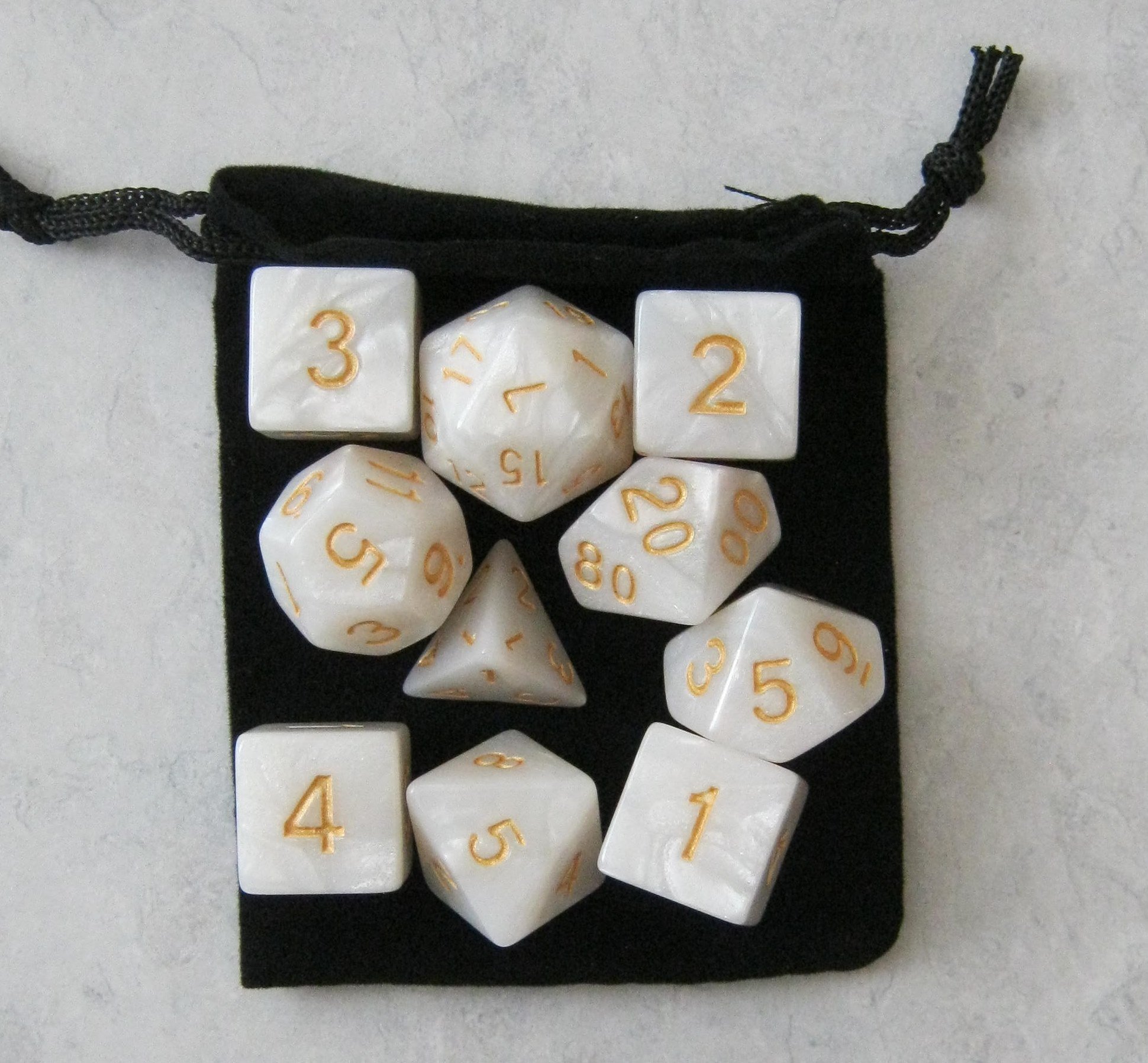 Elven White RPG D&D Dice Set: 7 + 3d6 = 10 polyhedral die plus bag! by Dave's Dice