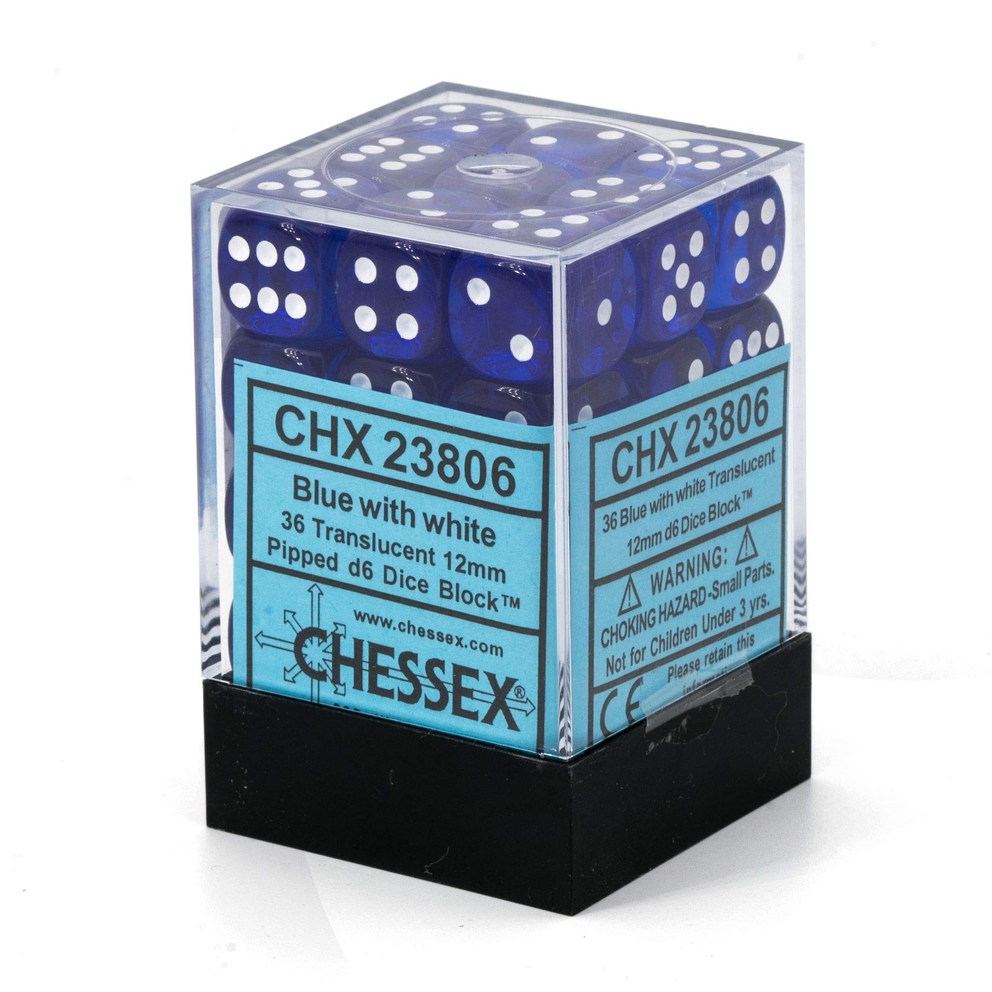 Chessex Dice d6 Sets: Blue with White Translucent - 12mm Six Sided Die (36) Block of Dice