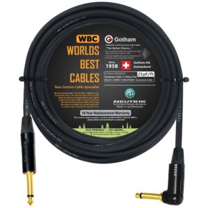 25 foot - gotham gac-1 ultra pro - premium low-cap (21 pf/f) guitar bass instrument cable – w/neutrik gold straight to angled ¼ inch (6.35mm) ts connectors - custom made by worlds best cables