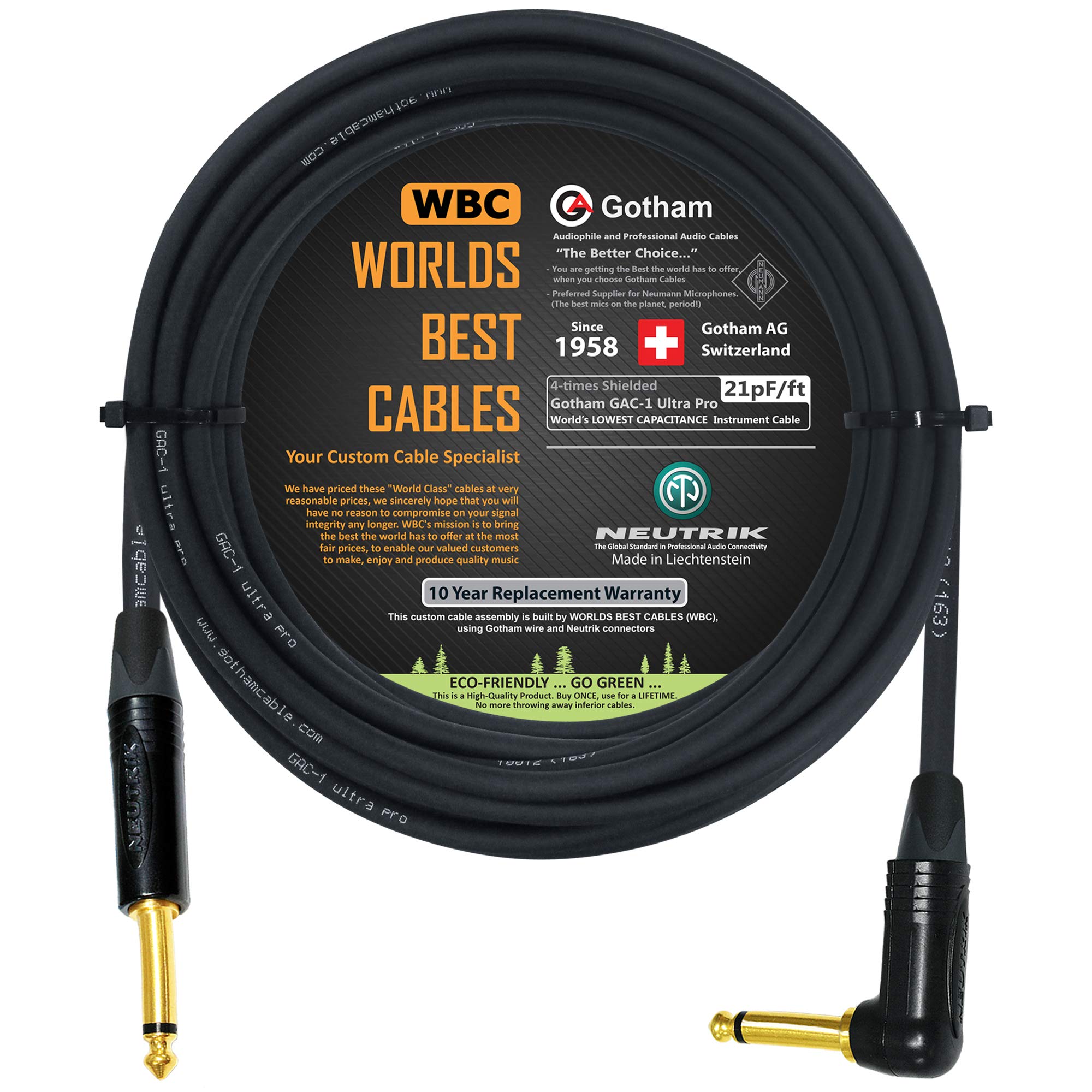 25 Foot - Gotham GAC-1 Ultra Pro - Premium Low-Cap (21 pf/F) Guitar Bass Instrument Cable – w/Neutrik Gold Straight to Angled ¼ inch (6.35mm) TS Connectors - Custom Made by WORLDS BEST CABLES