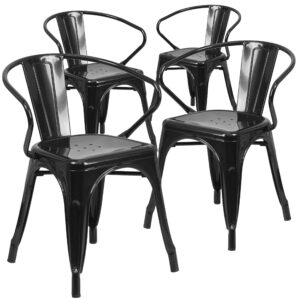 flash furniture roy commercial grade 4 pack black metal indoor-outdoor chair with arms