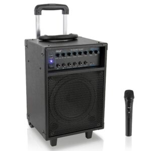 pyle wireless portable pa system-400w bluetooth compatible rechargeable battery powered outdoor sound stereo speaker microphone set w/handle, wheels-1/4 to aux, rca cable (pwma230bt)